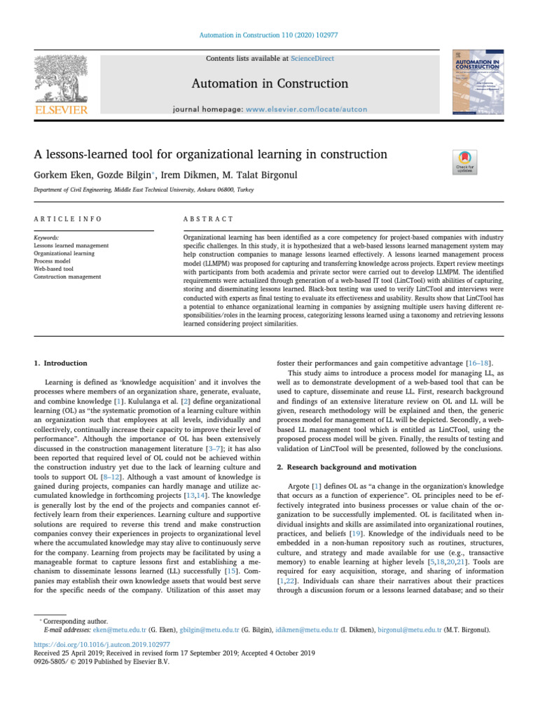 A Lessons Learned Tool For Organizational Learning - 2020 - Automation ... A Lessons Learned Tool For Organizational Learning - 2020 - Automation ...