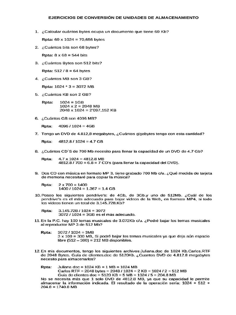 Ejercicios de Conversion de Unidades INFORMATICA | PDF