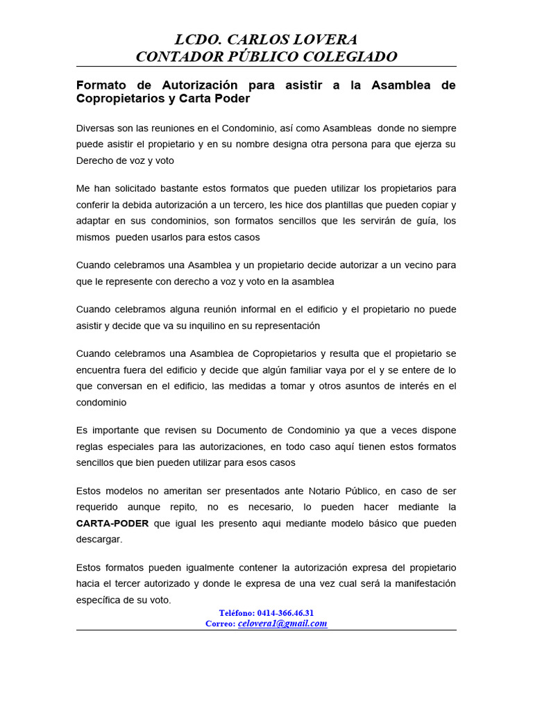 Autorización y Carta Poder | Descargar gratis PDF | Condominio