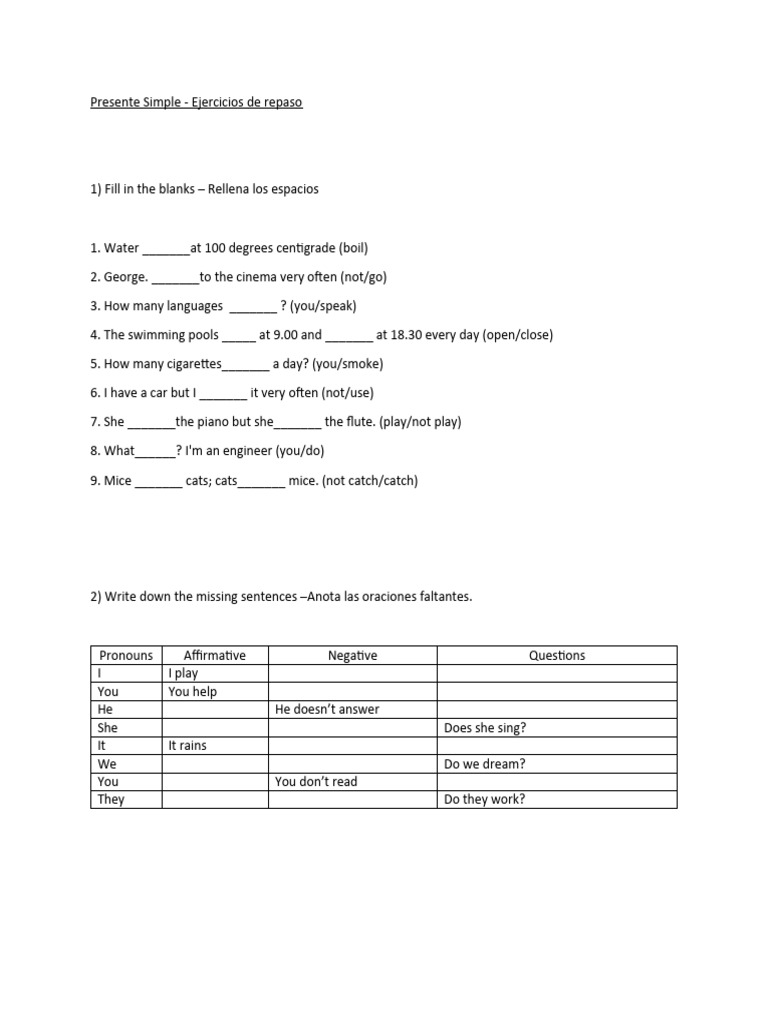Presente Simple Ejercicios | PDF