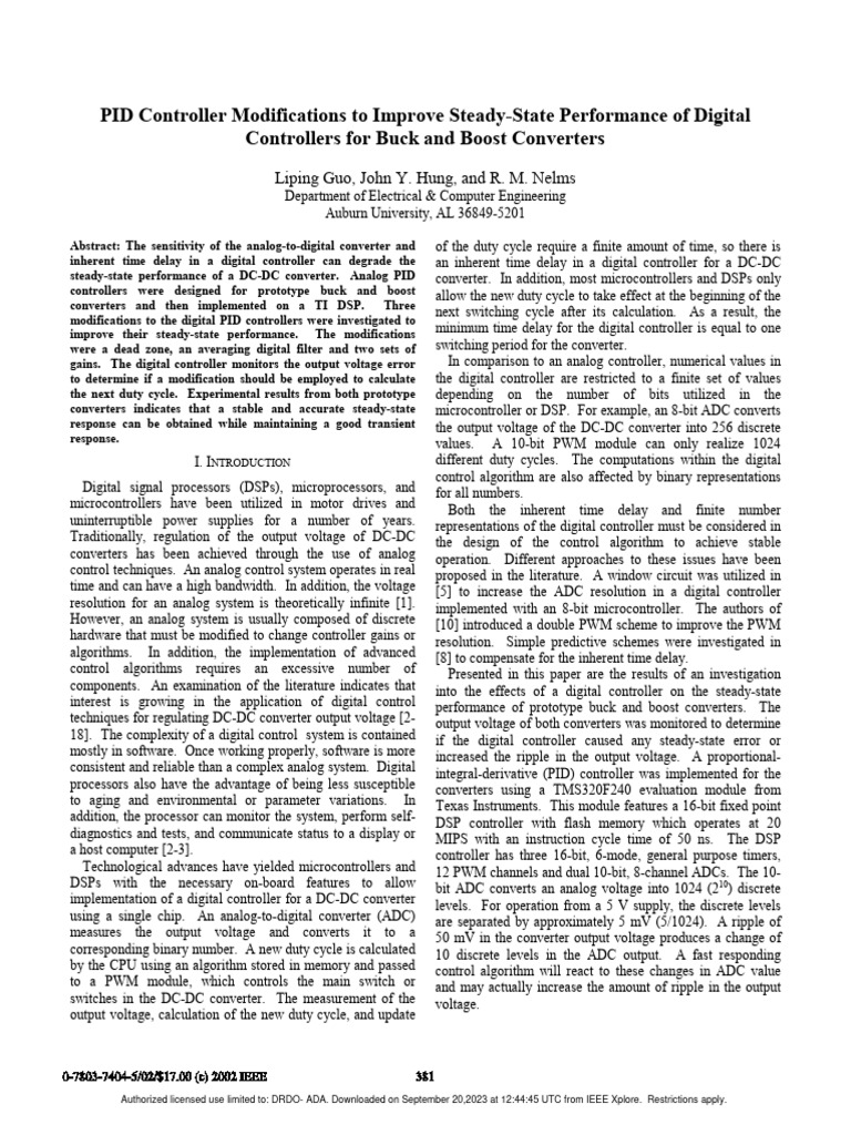 PID Controller Modifications To Improve Steady-State Performance of Digital Controllers For Buck ...