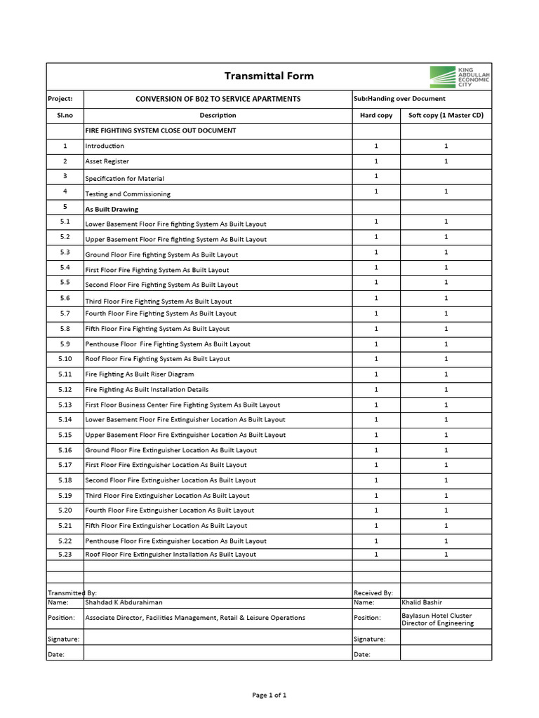 Handover Fire Fighting System Close Out Document | PDF | Firefighting ...