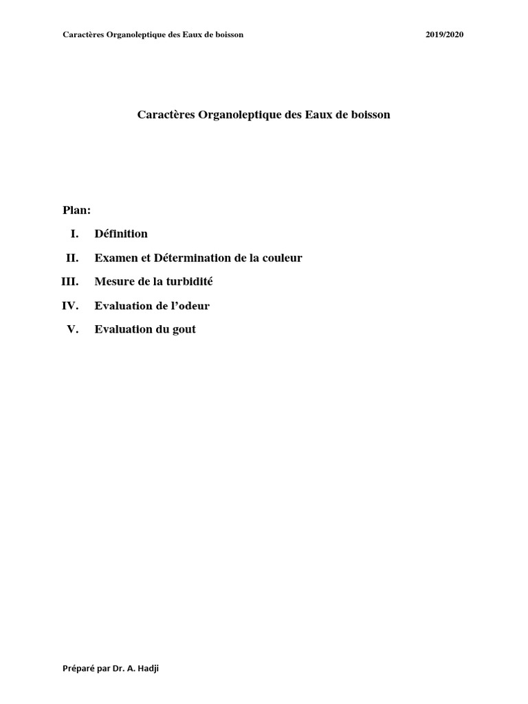 Caractéristiques Organoleptiques des Eaux | PDF | Goût | Couleur