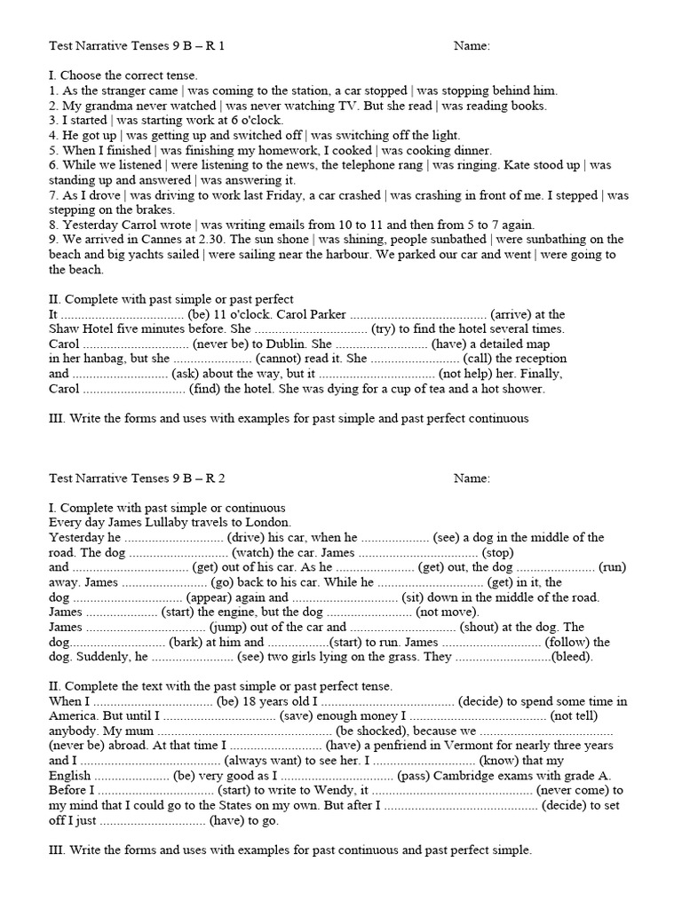 Test Narrative Tenses 9 B | PDF