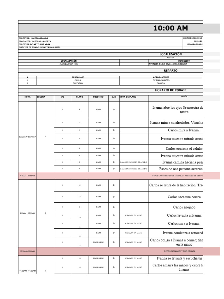 EJEMPLO DE PLAN DE RODAJE PARA CORTOMETRAJE | PDF