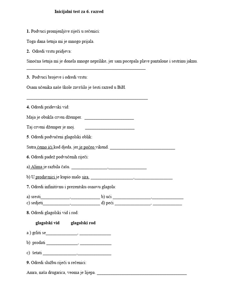 Inicijalni Za 6. RAZRED Bosanski | PDF