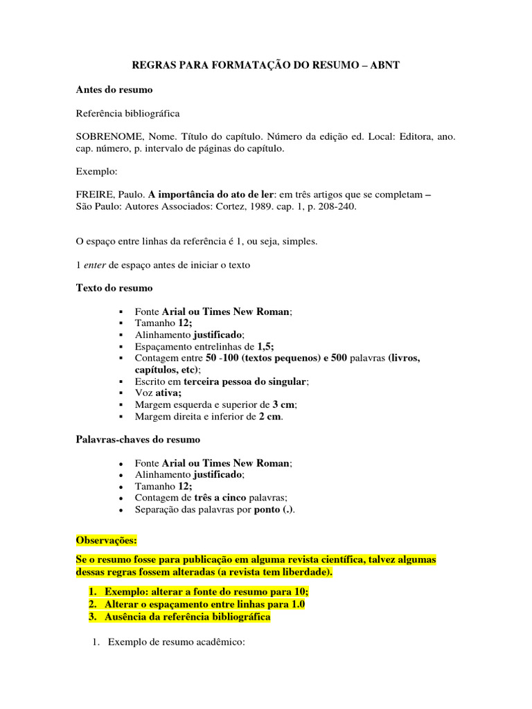 Regras para Formatação Do Resumo | PDF | Abstract (resumo) | Alfabetização