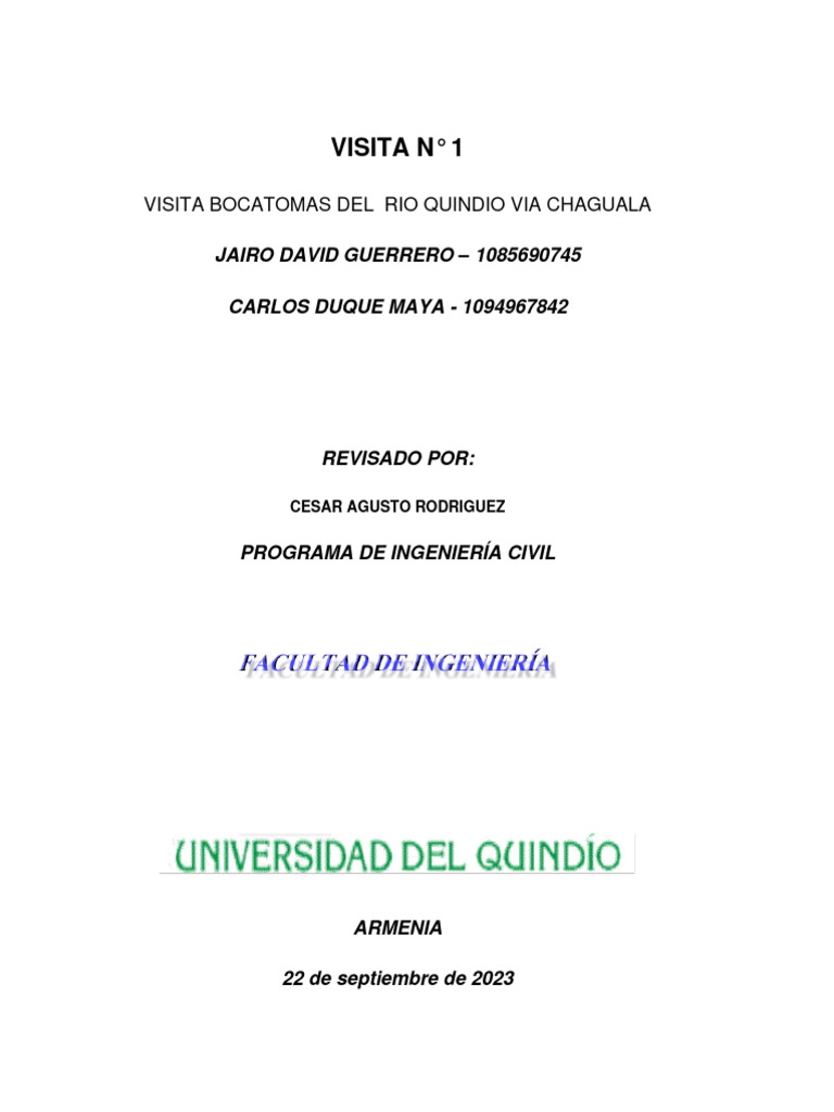 Informe 1 VISITA BOCATOMAS RIO QUINDIO VIA CHAGUALA | PDF | Ingeniería ...
