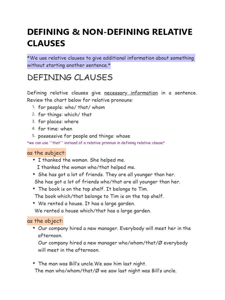 Defining vs Non-Defining Clauses Guide | PDF | Linguistic Typology ...