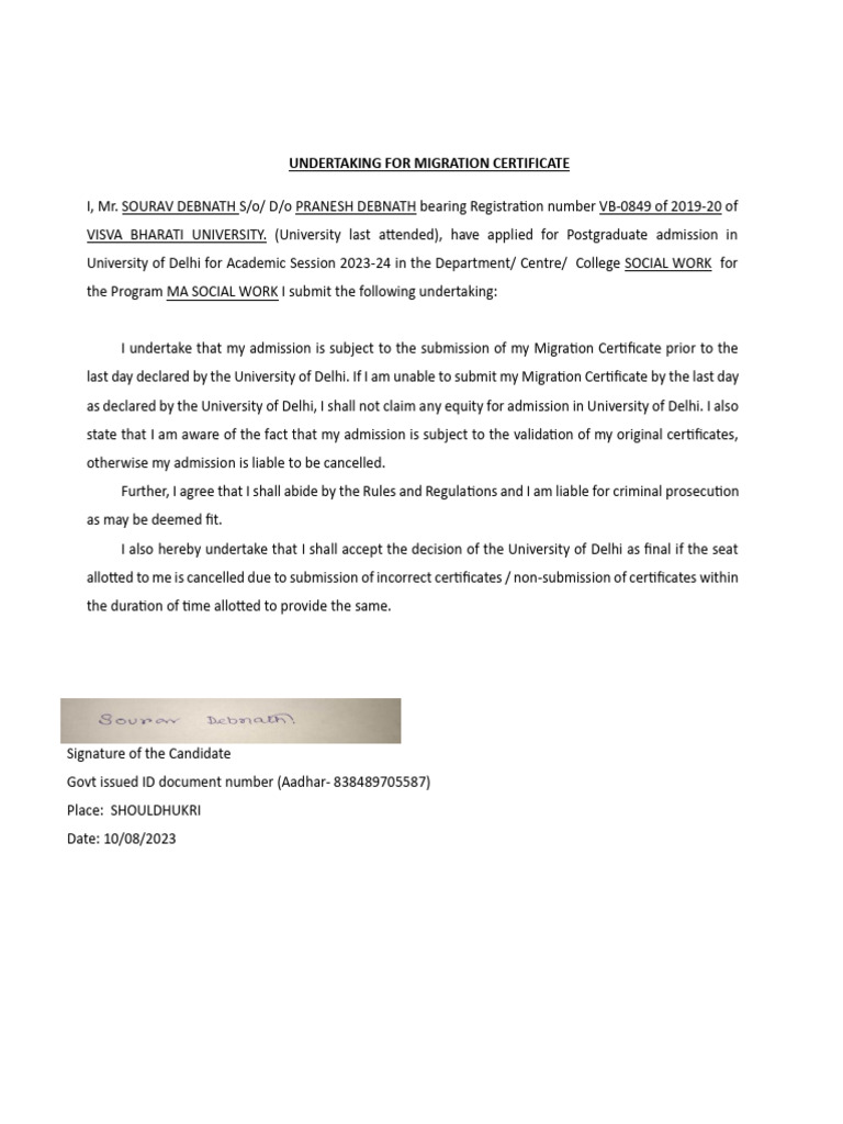 Migration Certificate Undertaking for Admission | PDF