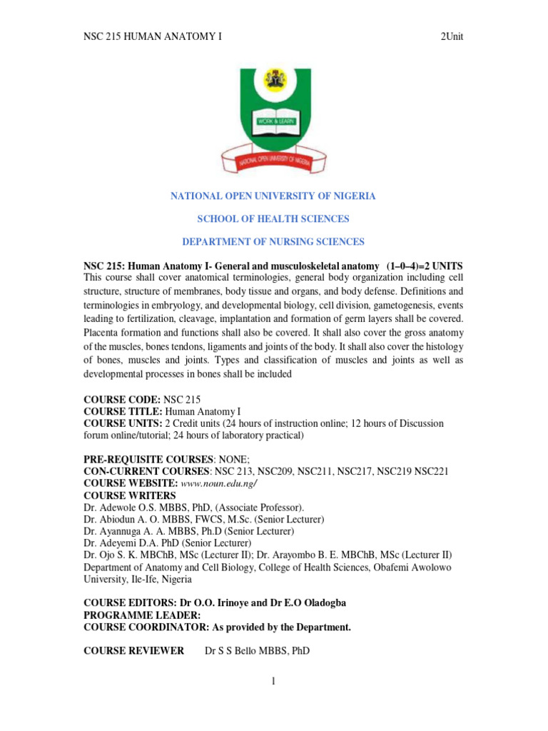 NSC 215 Huma Anatomy 1 | PDF | Anatomy