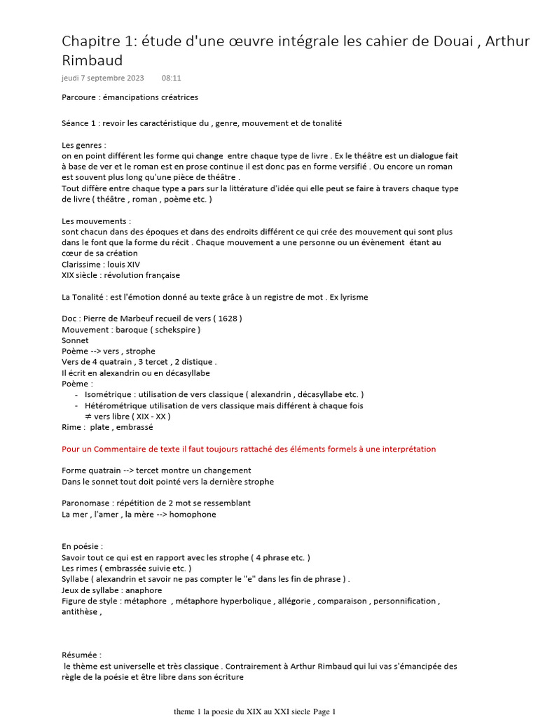 Étude D'une Œuvre Intégrale Les Cahier de Douai, Arthur Rimbaud | PDF