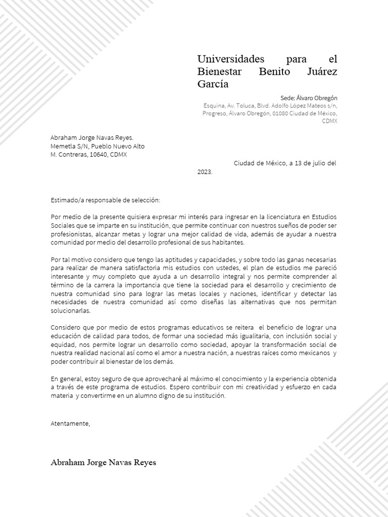 Carta de Intencion UBBJ | PDF | México | Ciudad de México