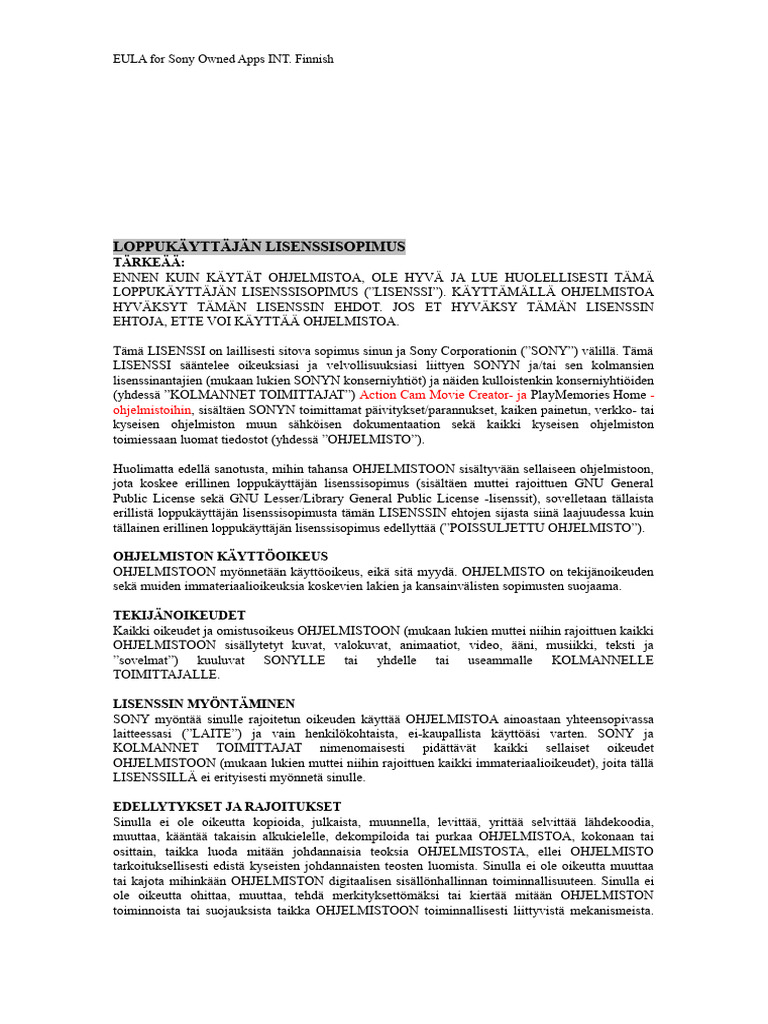 Sony EULA Finland | PDF | Business