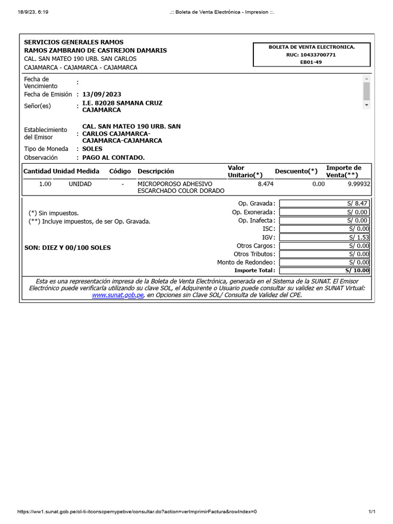 Boleta de Venta Electrónica - Impresion | PDF