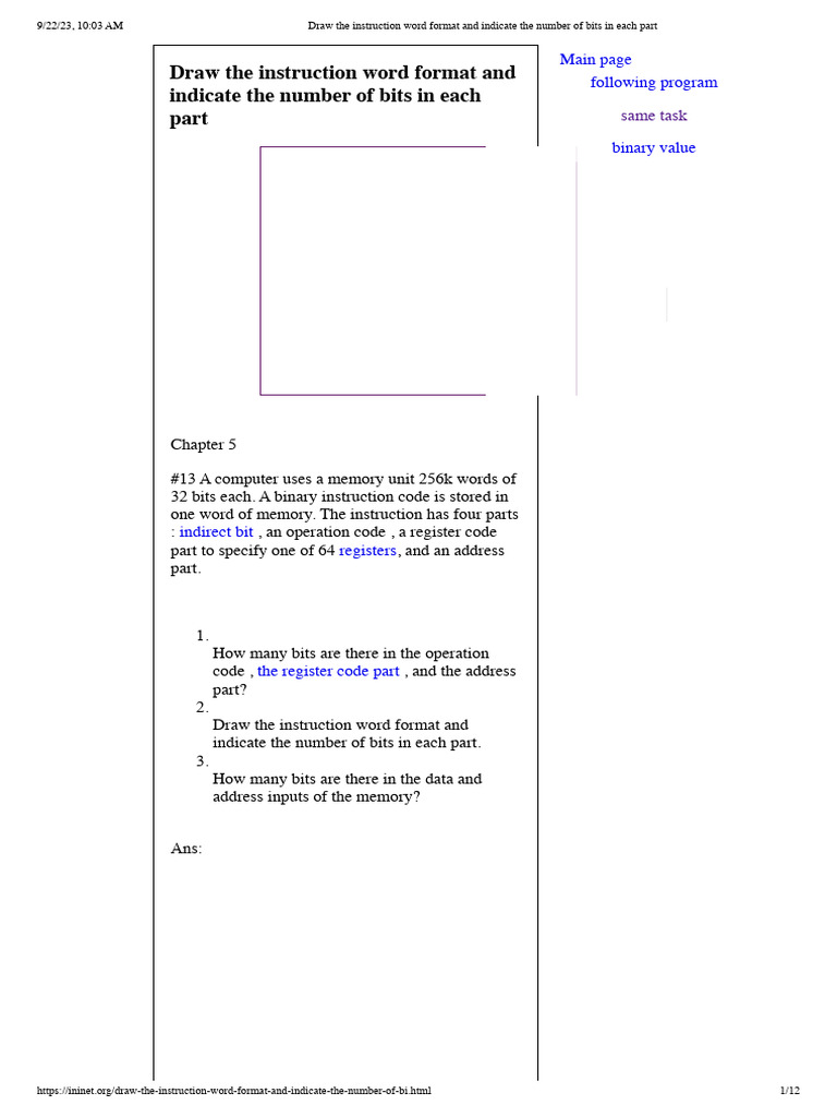 Draw The Instruction Word Format and Indicate The Number of Bits in ...