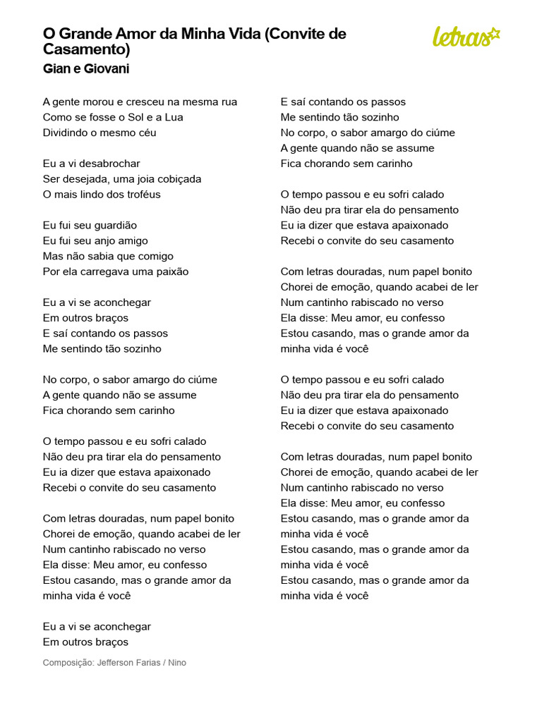 O Grande Amor Da Minha Vida (Convite de Casamento) - Gian e Giovani | PDF