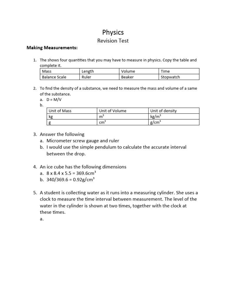 Physics Revision Test | PDF | Force | Acceleration