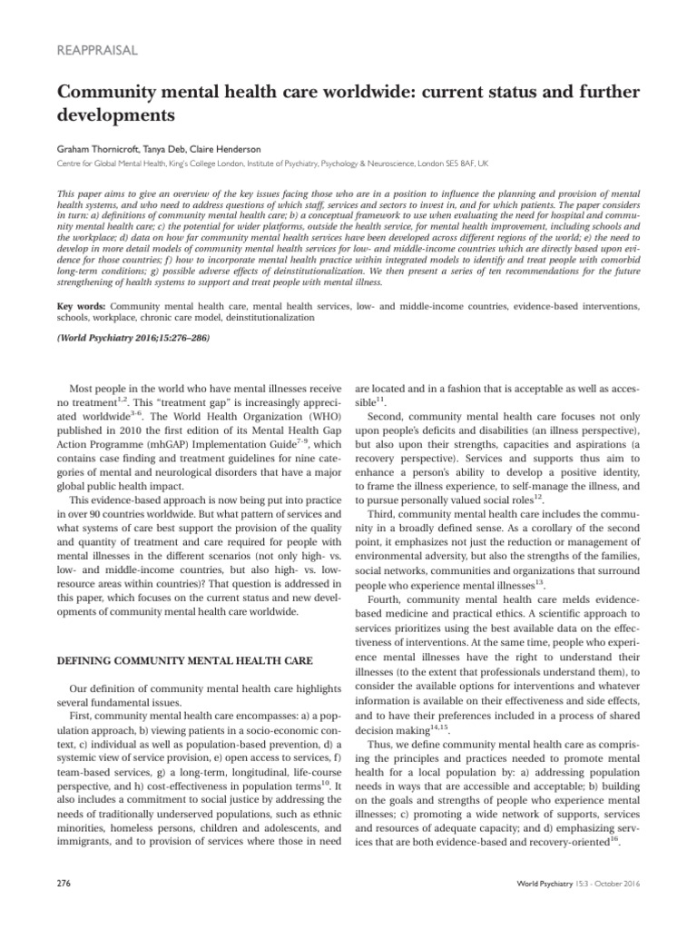 Community Mental Health Care Worldwide 2016 Thornicroft | PDF | Mental ...