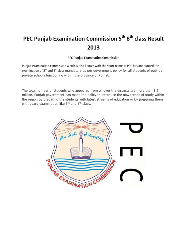 Dokumen - Tips Pec Punjab Examination Commission 5th 8th Class Result 2013 | PDF