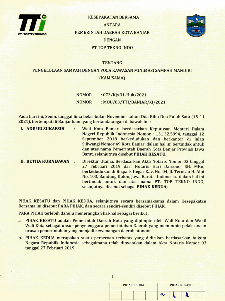 Mou Kota Banjar TTD 2 Pihak | PDF