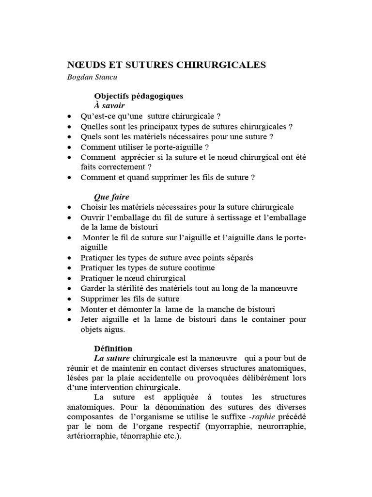 Types et techniques de sutures chirurgicales | PDF | Suture (médecine ...