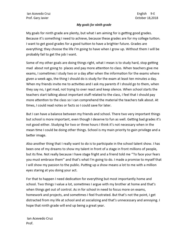 My Goals For Ninth Grade | PDF