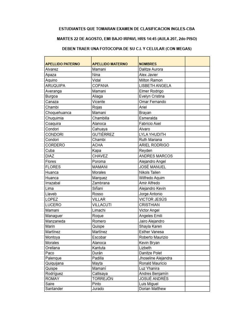PRE REGISTRO CBA - EMI BIM 5 - 23.xlsx - LISTA C EXAMEN DE CL | PDF