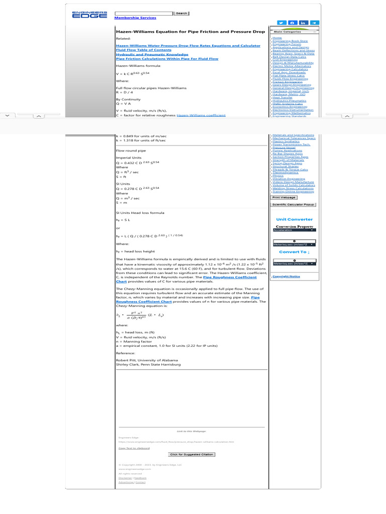 Hazen-Williams Equation For Pipe Friction and Pressure Drop - Fluid ...