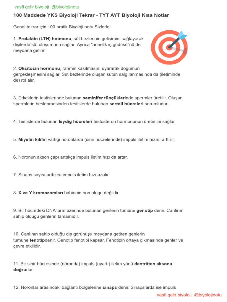 100 Maddede YKS Biyoloji Tekrar - TYT AYT Biyoloji Kısa Notlar - Vasfi Gelir Biyoloji | PDF