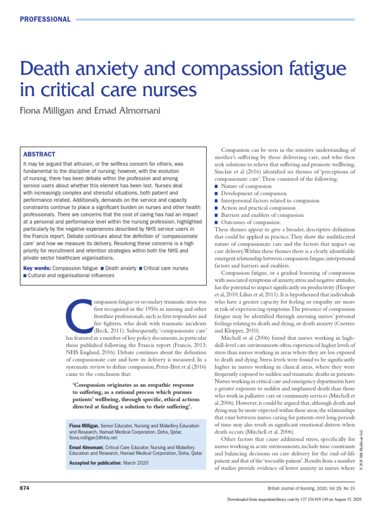 Death Anxiety and Compassion Fatigue | PDF | Compassion | Nursing