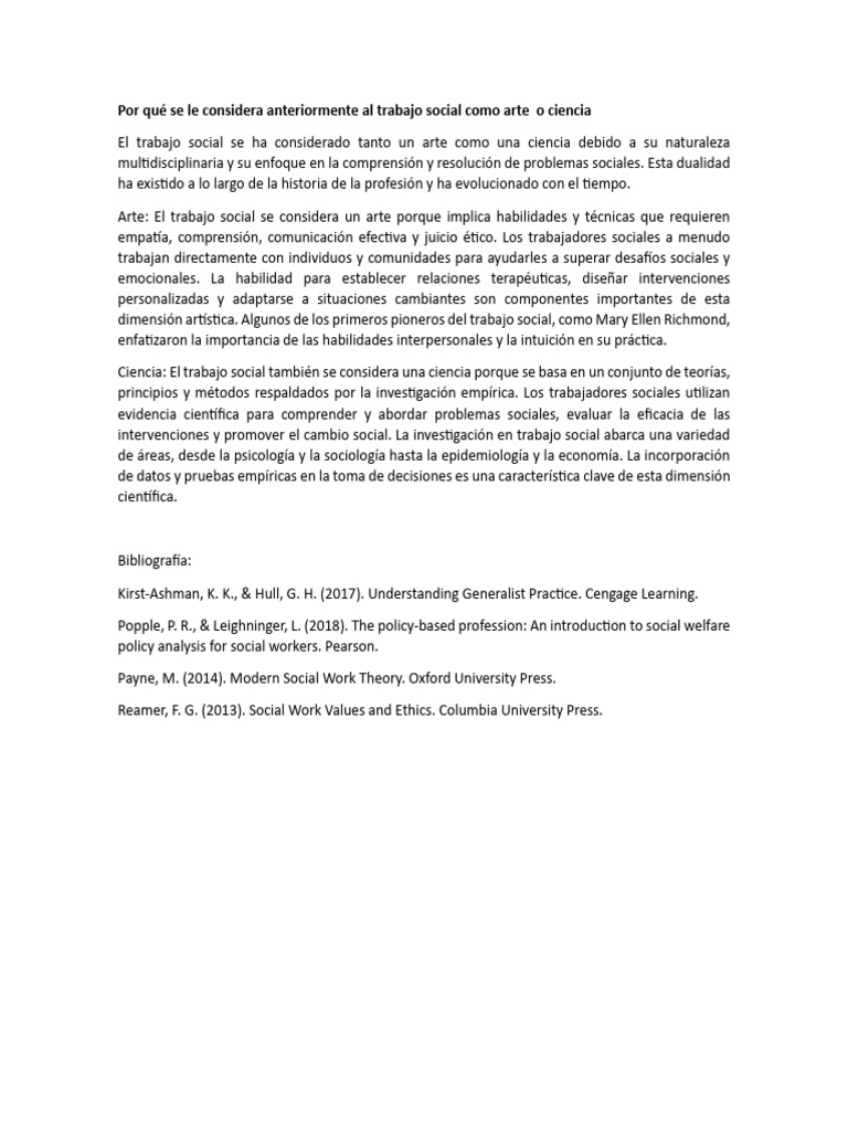Por qué se le considera anteriormente al trabajo social como arte o ...