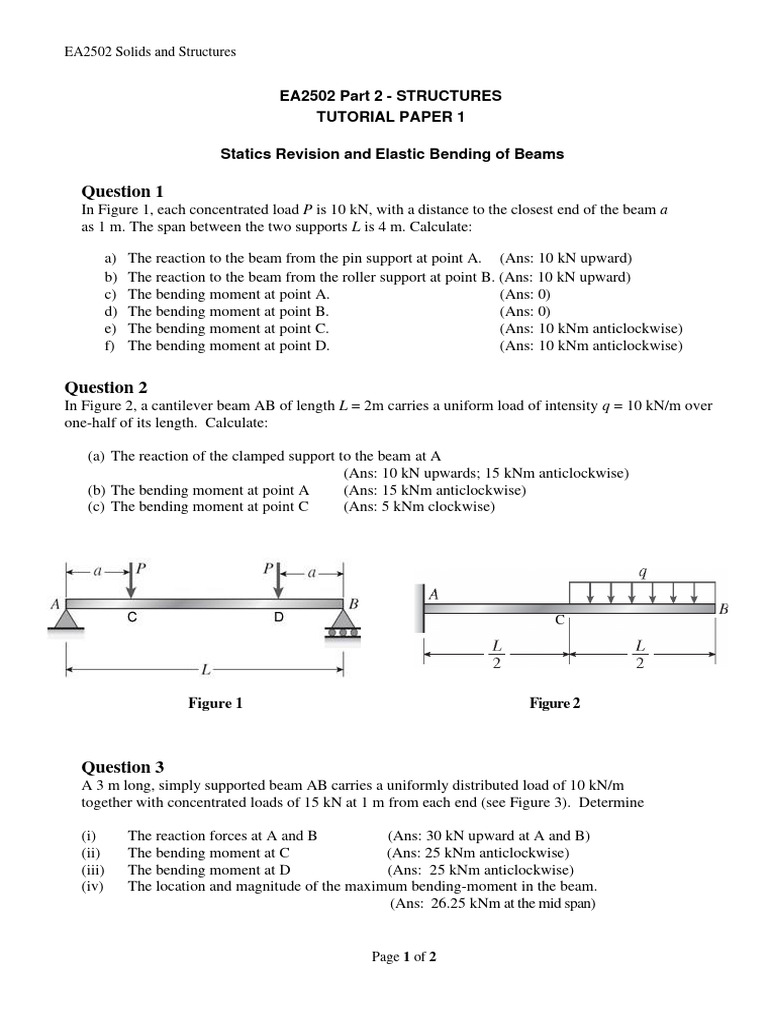 EA2502 Tutorial Paper 1 (2022-23) - Statics Revision and Elastic ...