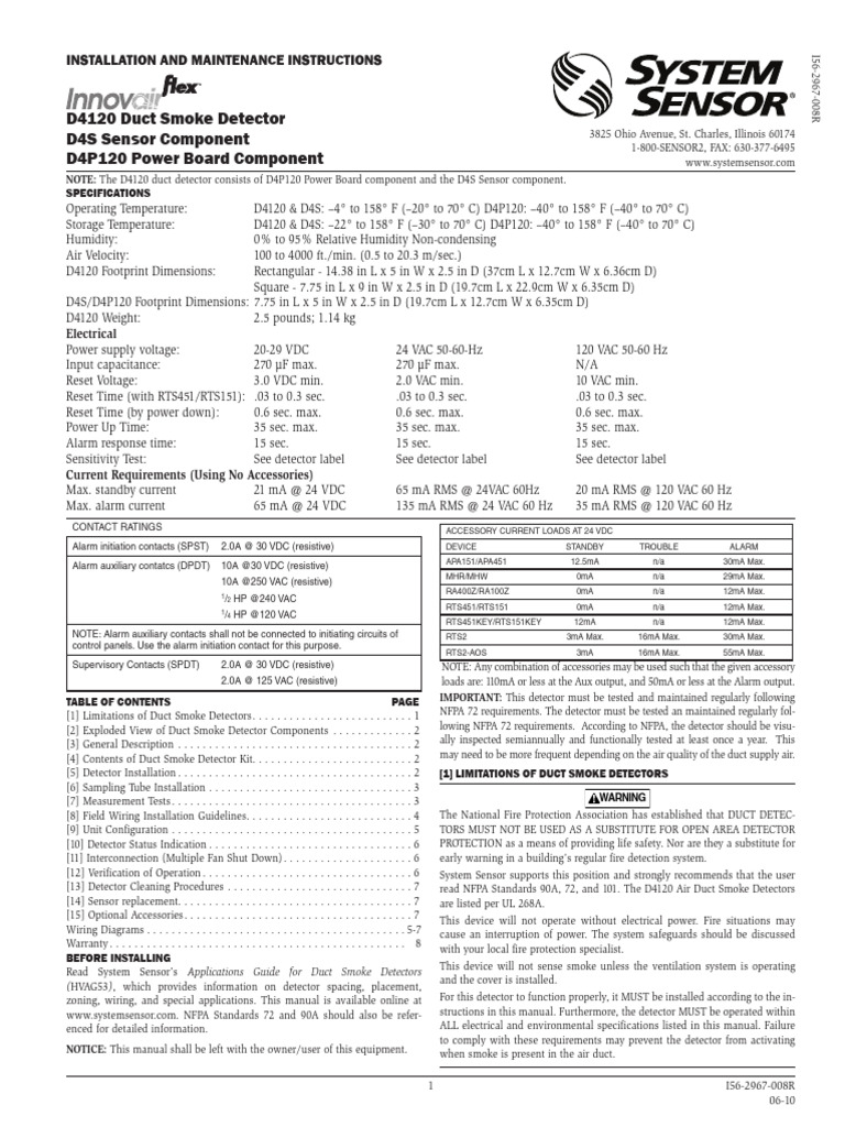 D4120 Duct Smoke Detector Manual | PDF | Duct (Flow) | Pressure Measurement