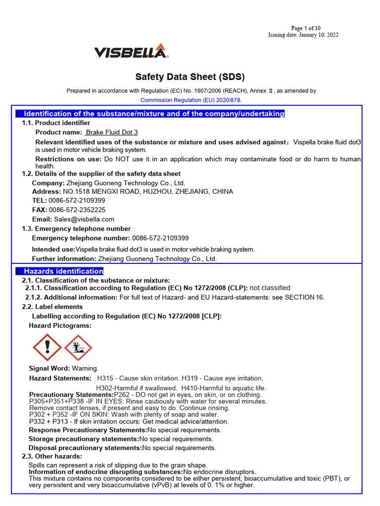 Brake Fluid Dot 3 SDS | PDF | Dangerous Goods | Waste
