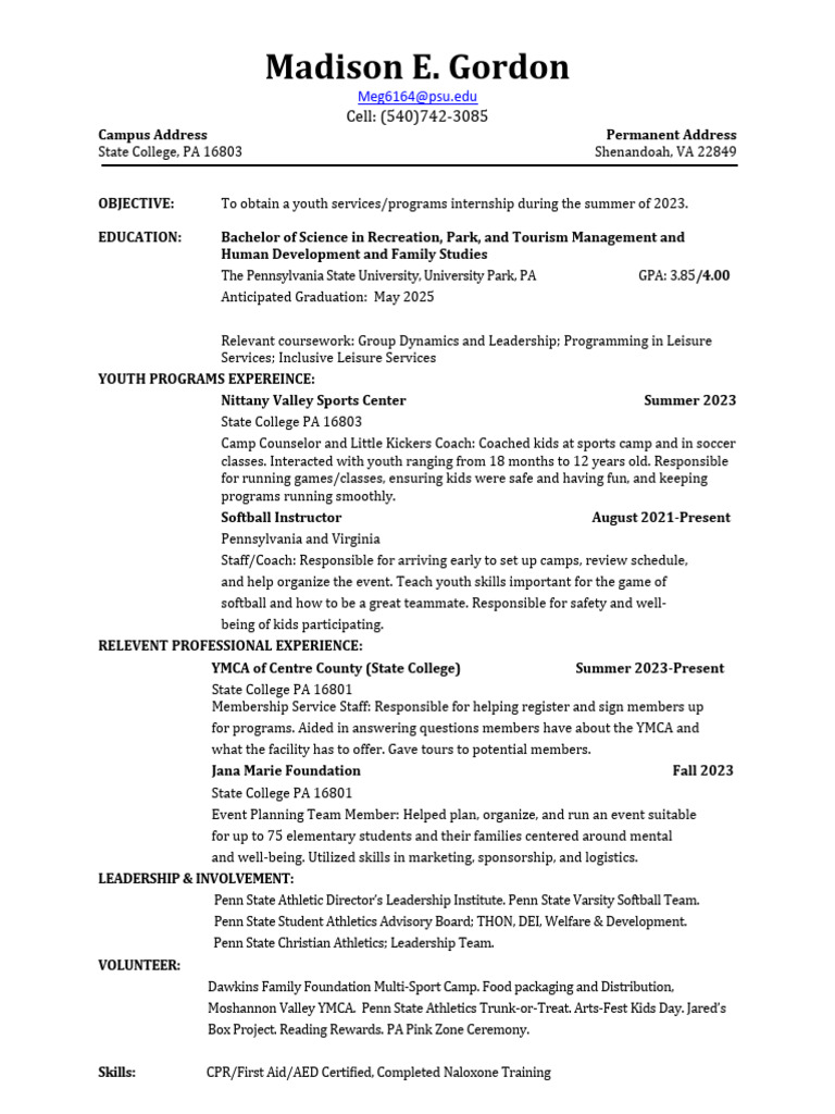 Maddie Gordon Resume | PDF | Pennsylvania State University