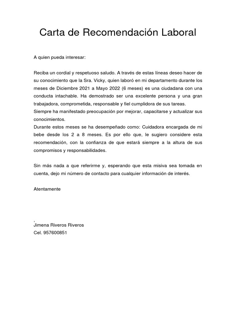 Carta de Recomendación Laboral - Vecina Vicky | PDF