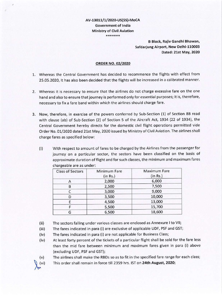 MoCA Order No 02 2020 Dated Classification and Fare Bands | PDF
