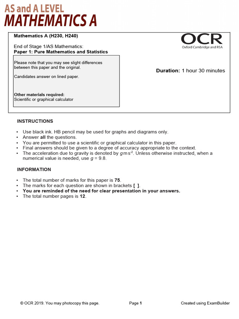Practice Test Pure Mathematics and Statistics (H23001 H24002) Stage 1 ...