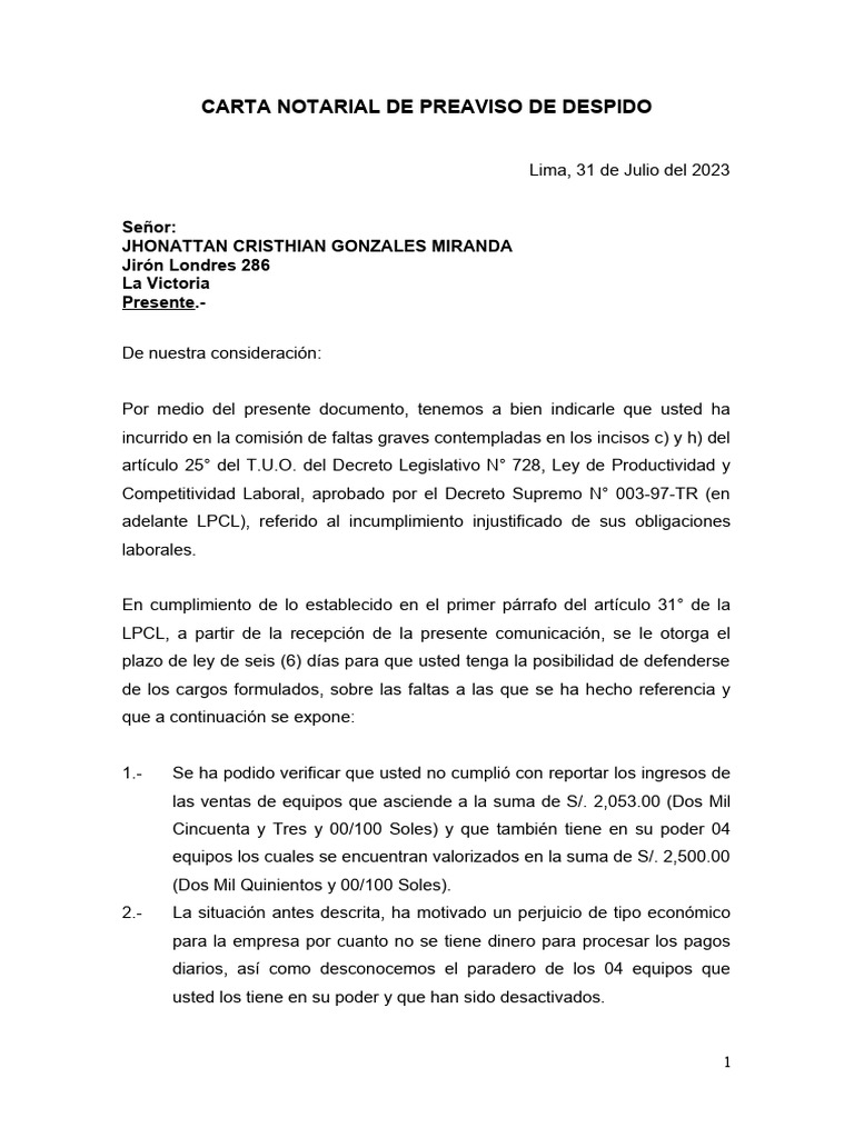 Carta de Preaviso | PDF