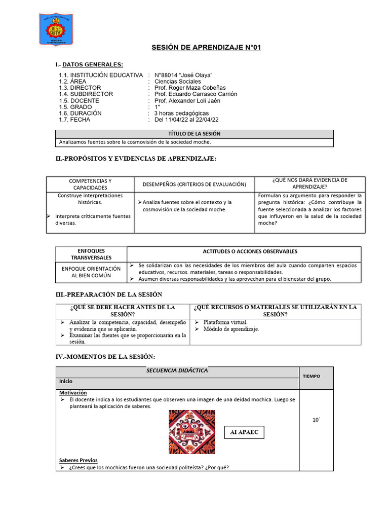 Sesión de Aprendizaje N°01 - Ciencias Sociales 1° | PDF | Aprendizaje | Maestros