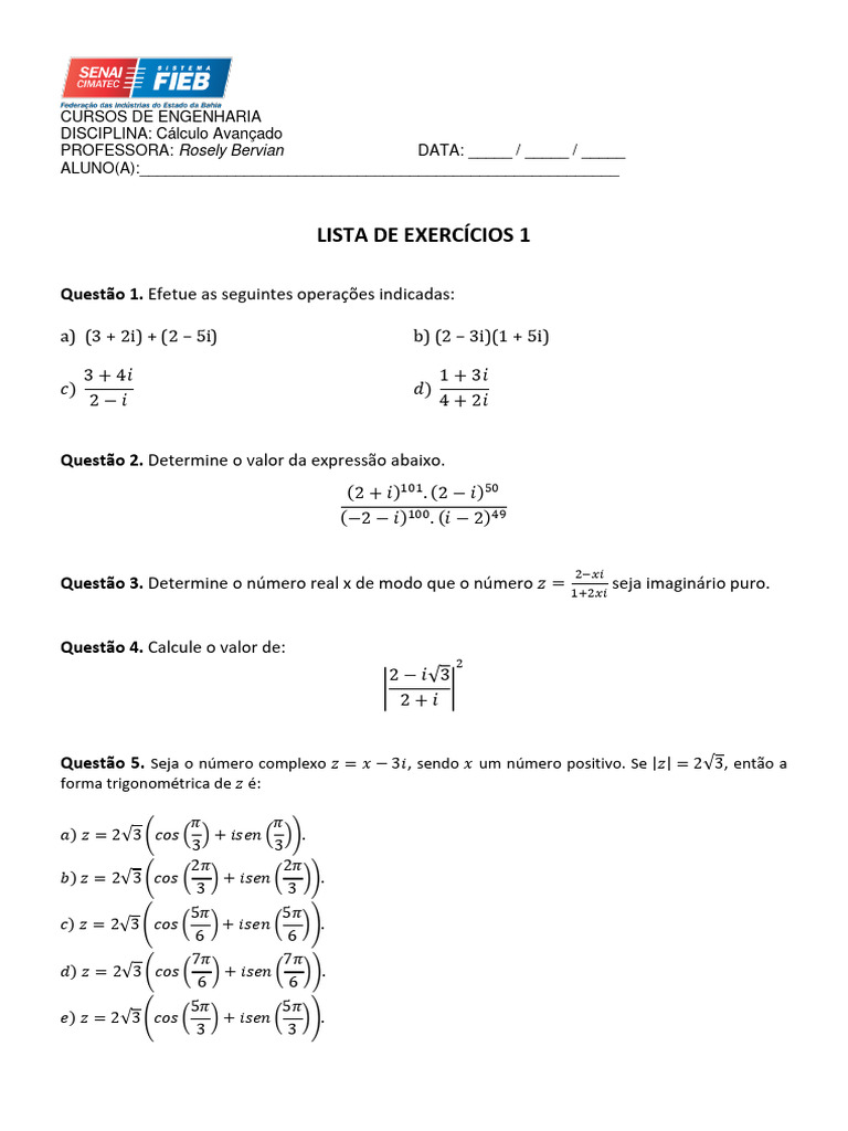 Lista de Exercícios 1 - Cálculo Avançado - Versão 02ago2023 | PDF ...