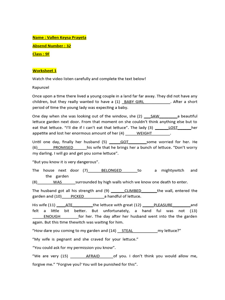 Rapunzel Worksheet | PDF | Rapunzel | Fairy Tales