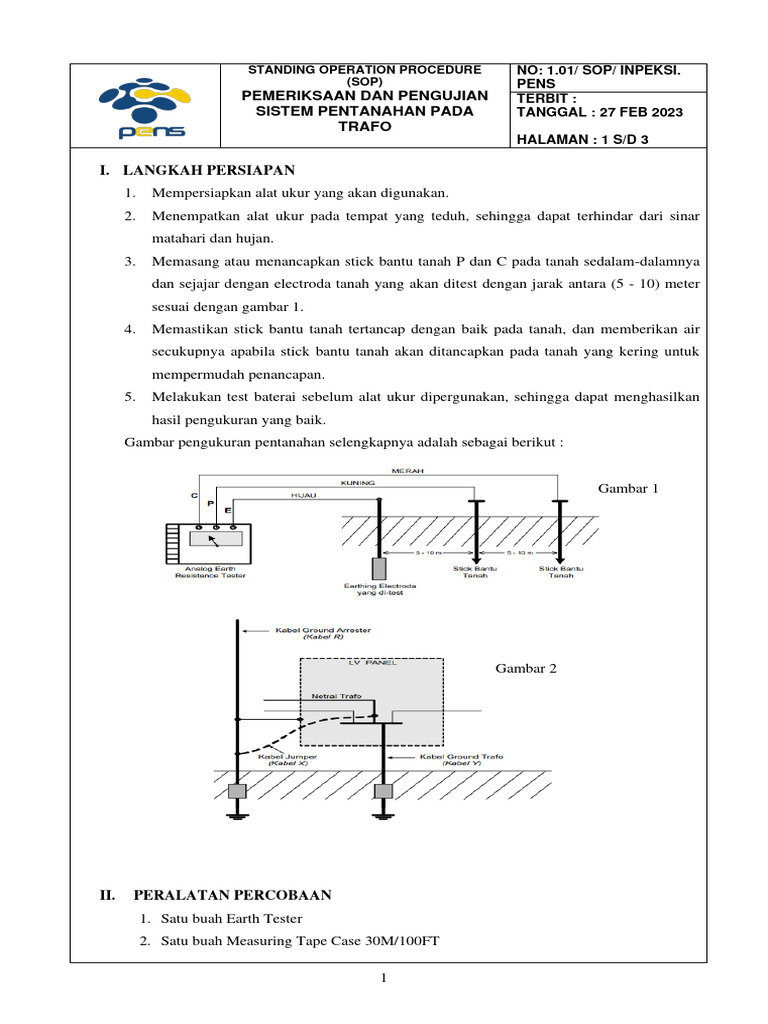 SOP Pengujian Sistem Pentanahan Trafo | PDF