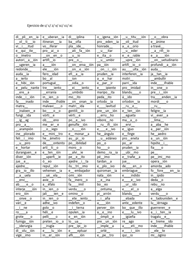 Ejercicios de palabras con sc, cc, xc | PDF