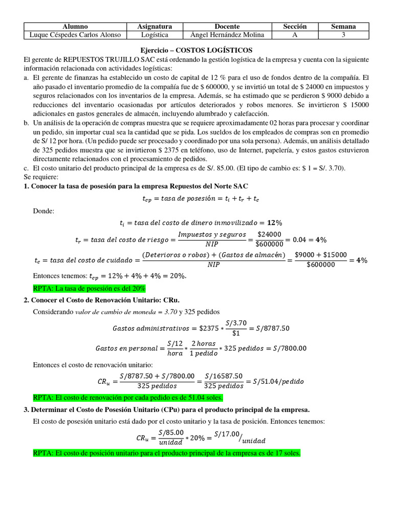 Ejercicio - Cálculo de Costos Logísticos | PDF