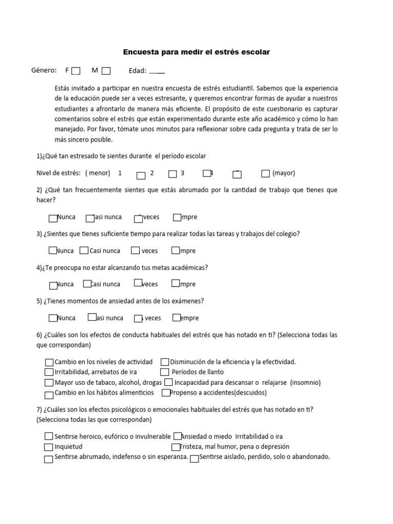 Encuesta para Medir El Estrés Escolar | PDF | Estrés (biología ... Encuesta para Medir El Estrés Escolar | PDF | Estrés (biología ...