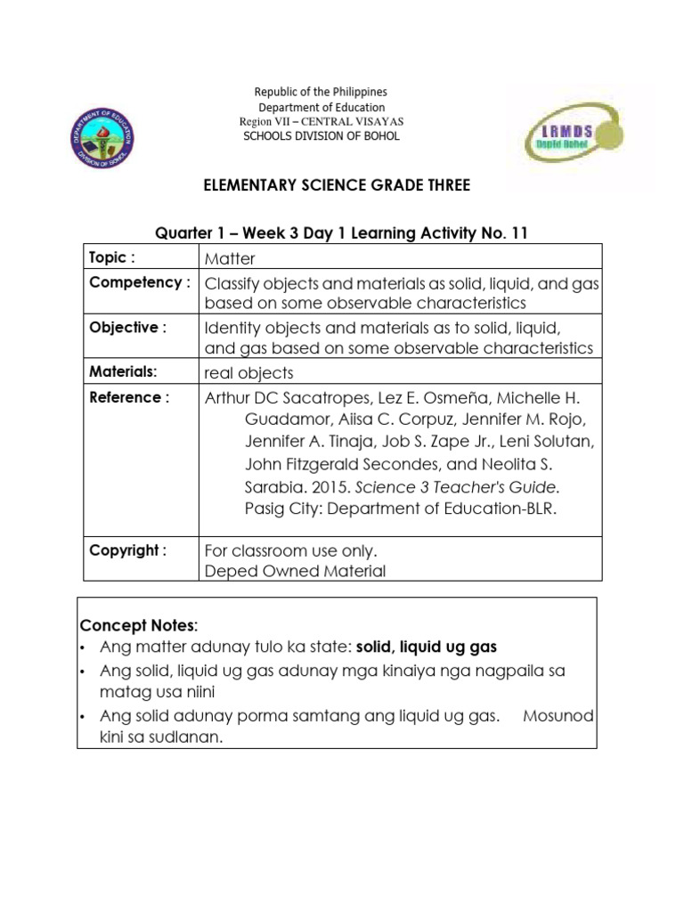 Sci3 Q1 LAS Wk3 Day1-5 | Download Free PDF | Phases Of Matter | Nature