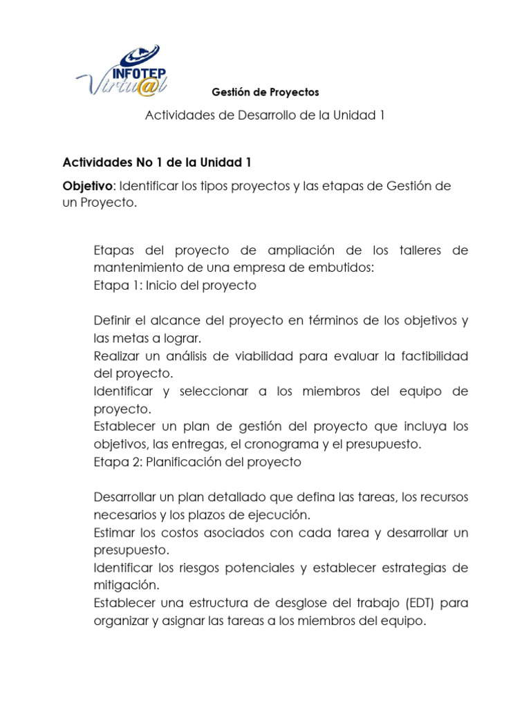Actividad de La Unidad 1 Gestion de Proyectos | PDF | Crecimiento ...