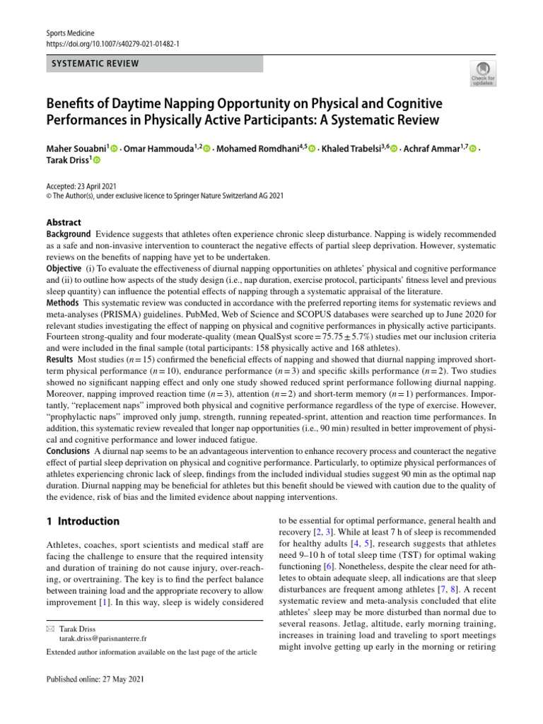 Benefits of Daytime Napping Opportunity On Physical and Cognitive | PDF